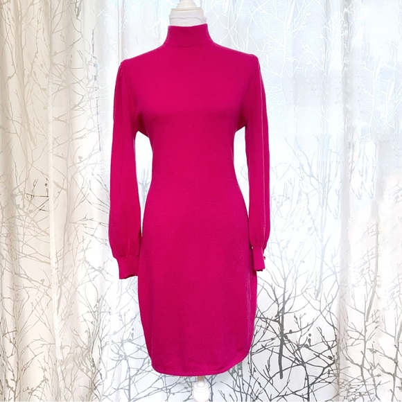 St. John | Dresses | St John Pink Knit Turtleneck Long Sleeve Midi ...